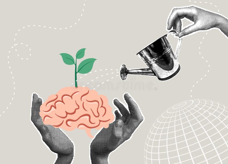 Trendy Halftone Collage. Brain Development - Concept of Growth ...