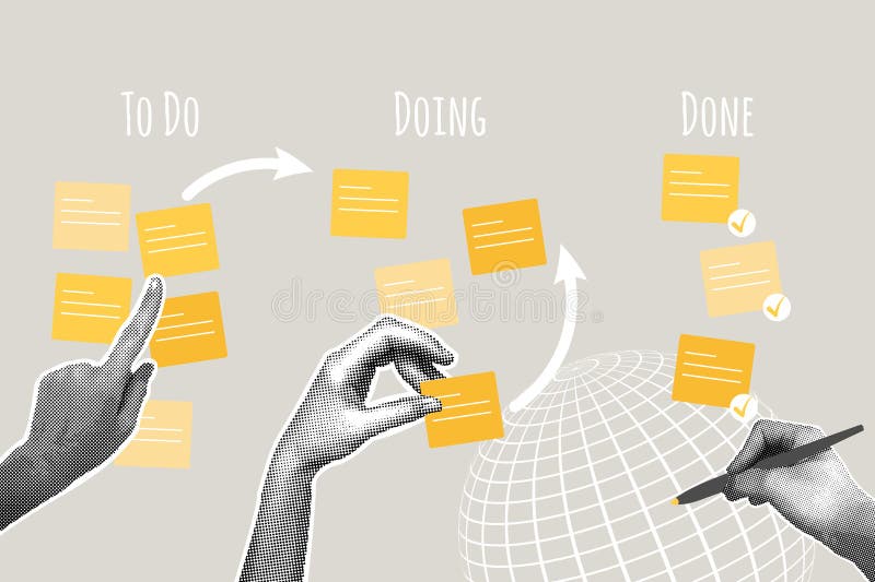 Trendy Halftone Collage. Concept of Viewing Progress of Work on Kanban ...
