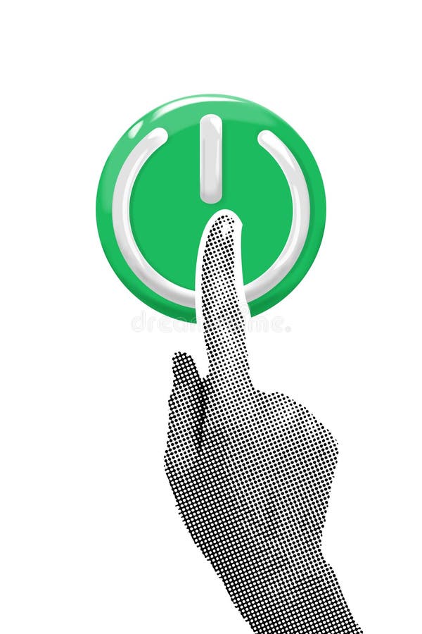 Trendy Halftone Collage. Hand Pressing Round Plastic 3D on Off Button ...