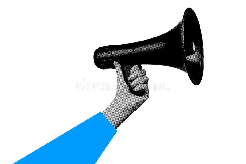 Trendy Hand Holding a Loud Speaker Megaphone, Cutout Hand Halftone ...
