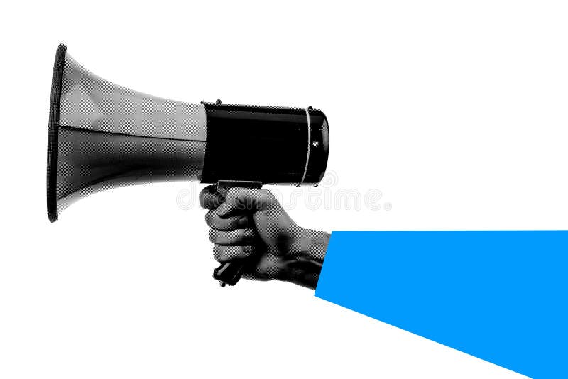 Trendy Hand Holding a Loud Speaker Megaphone, Cutout Hand Halftone ...