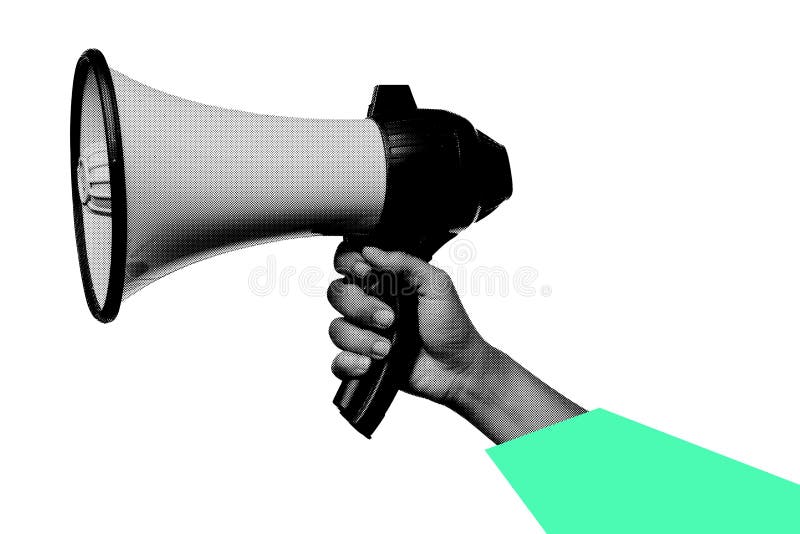 Trendy Hand Holding a Loud Speaker Megaphone, Cutout Hand Halftone ...