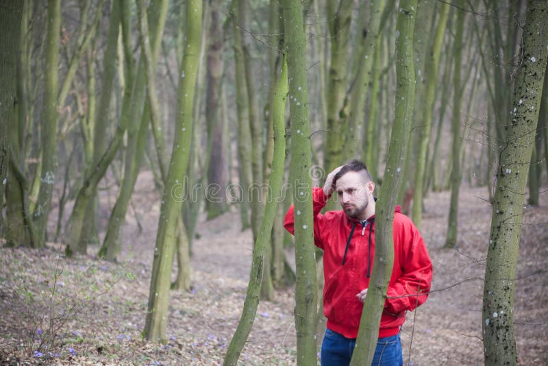 Trendy Handsome Man Posing in Spring Park Alone Stock Photo - Image of ...