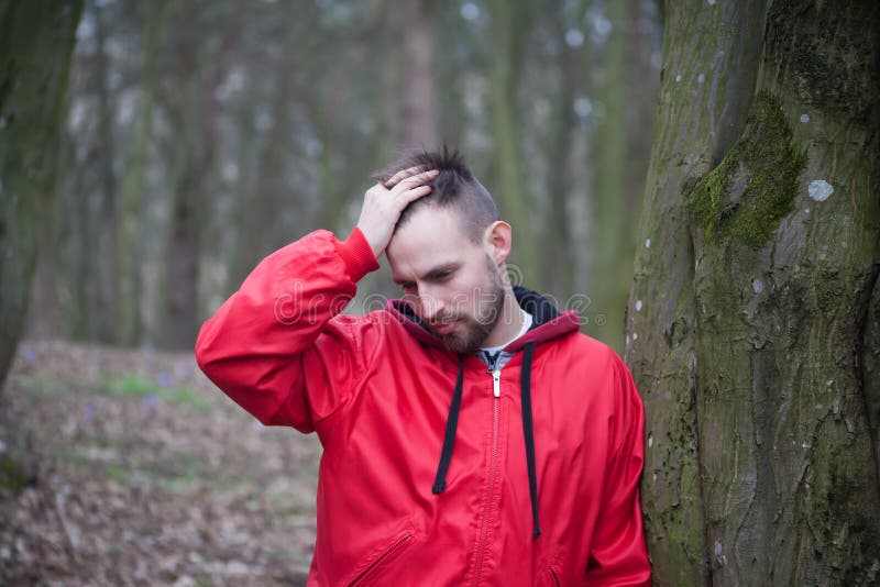 Trendy Handsome Man Posing in Spring Park Alone Stock Image - Image of ...