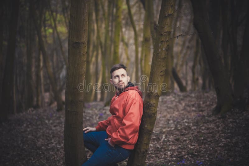 Trendy Handsome Man Posing in Spring Park Alone Stock Photo - Image of ...