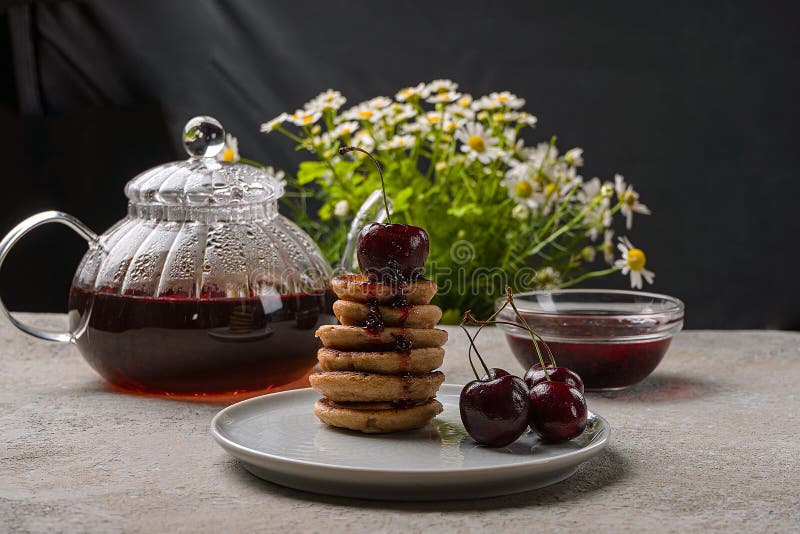 A Trendy Homemade Breakfast with Mini Pancakes and Cherries on the ...