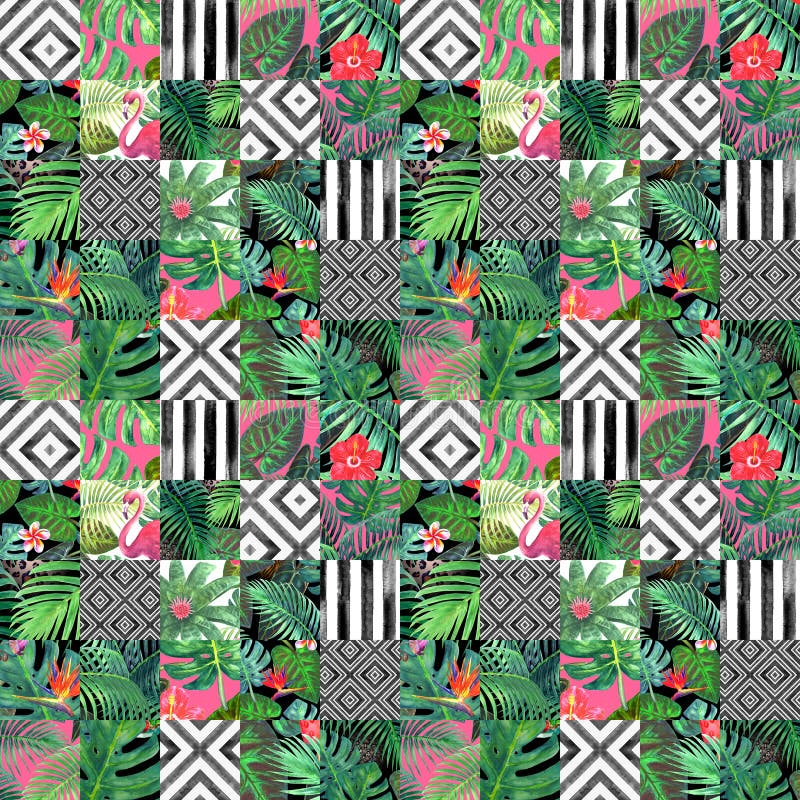 Trendy Imitation Sewn Pieces of Fabric in Patchwork Style. Watercolour ...