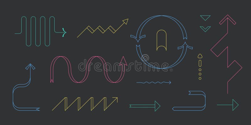 Trendy Line Arrows. Doodle Colorful Direction Pointers Different Shapes ...