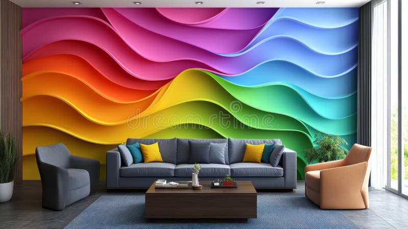 Trendy Lounge with Bright Abstract Art and Inviting Seating Stock Photo ...