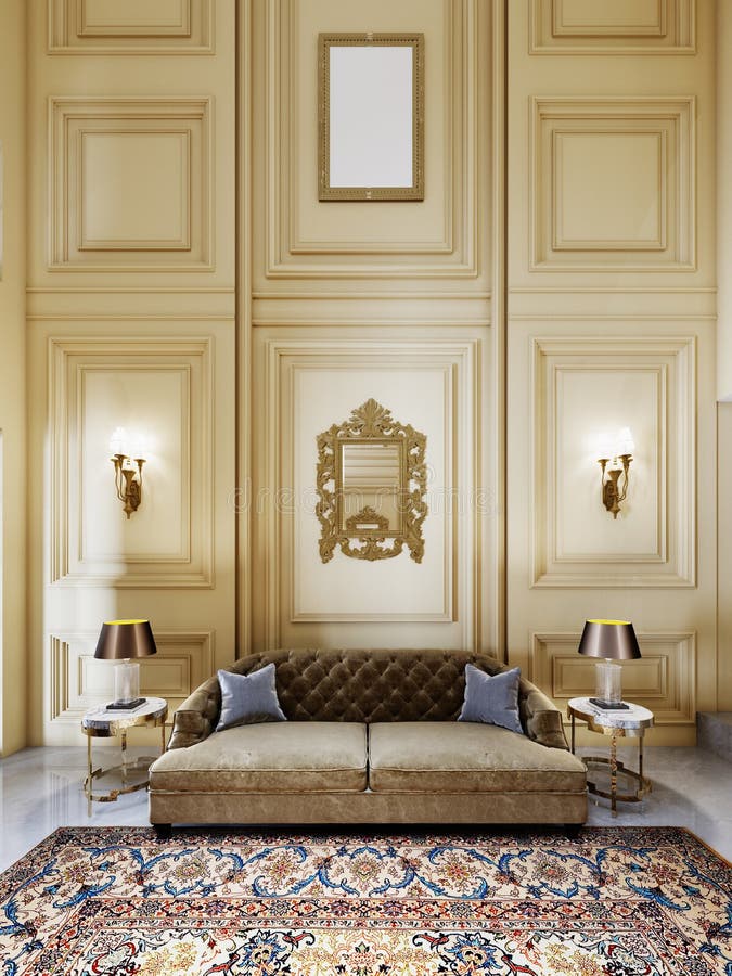 Trendy Luxury Yellow Sofa in Yellow Coassic Interior with Side Tables ...