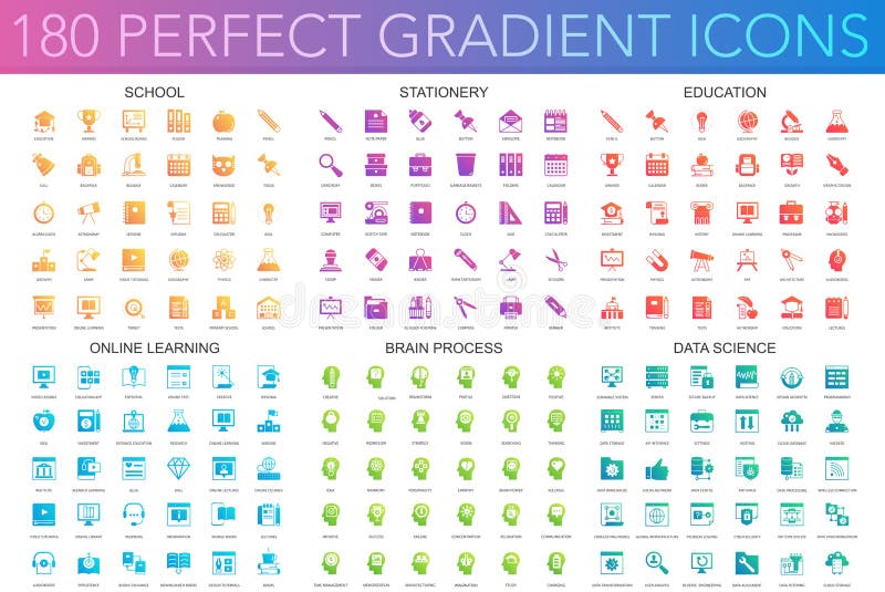 180 Trendy Perfect Gradient Icons Set of School, Stationery, Education ...