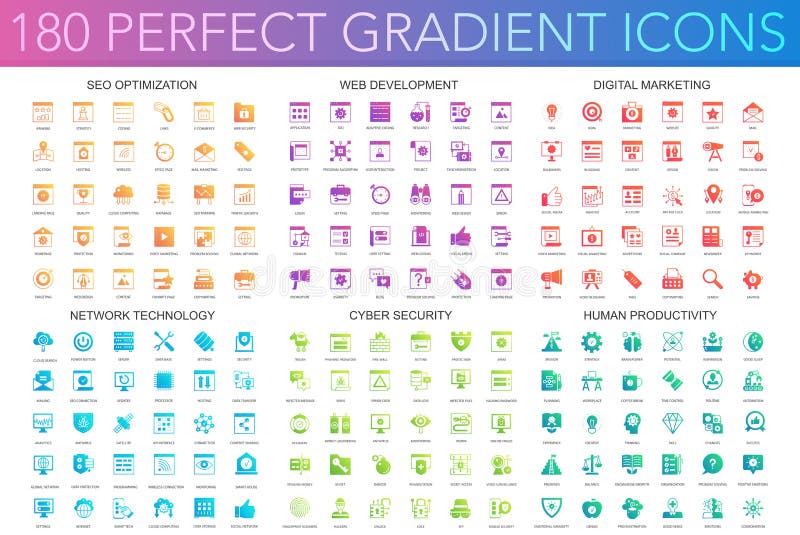 180 Trendy Perfect Gradient Icons Set Seo Optimization, Web Development ...