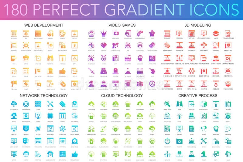 180 Trendy Perfect Gradient Icons Set of Web Development, Video Games ...