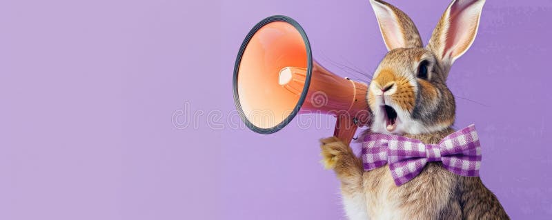 A Trendy Rabbit with a Bow Tie, Using a Megaphone on a Purple ...