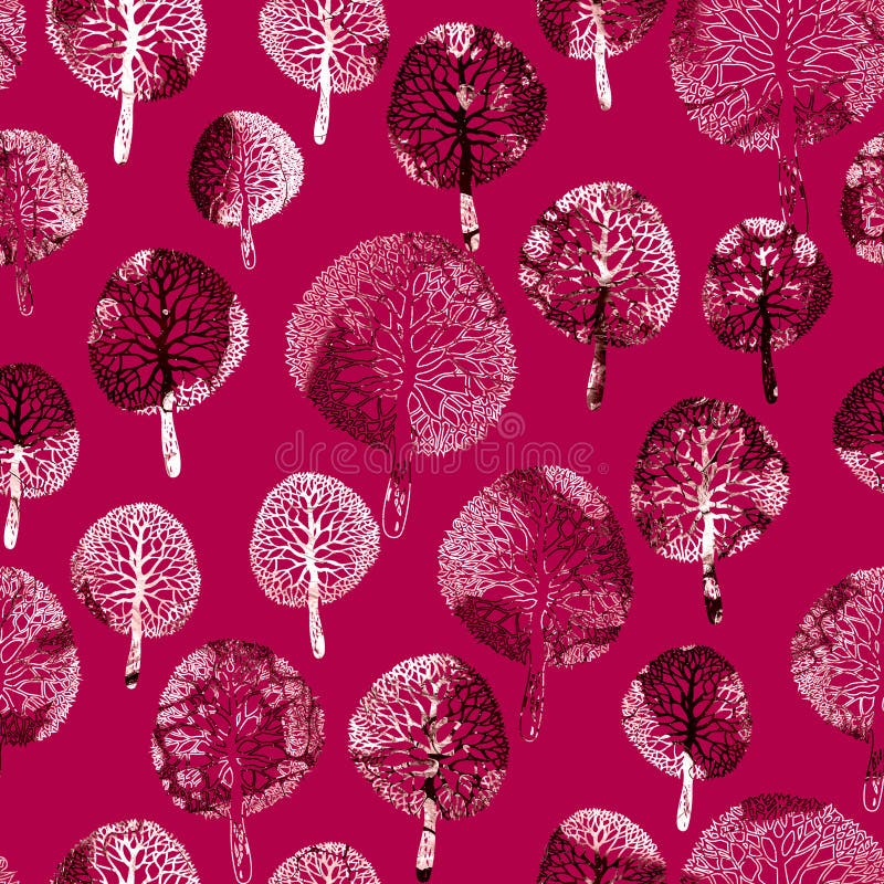 Trendy Red Forest Seamless Pattern with Spotted Trees Silhouettes ...