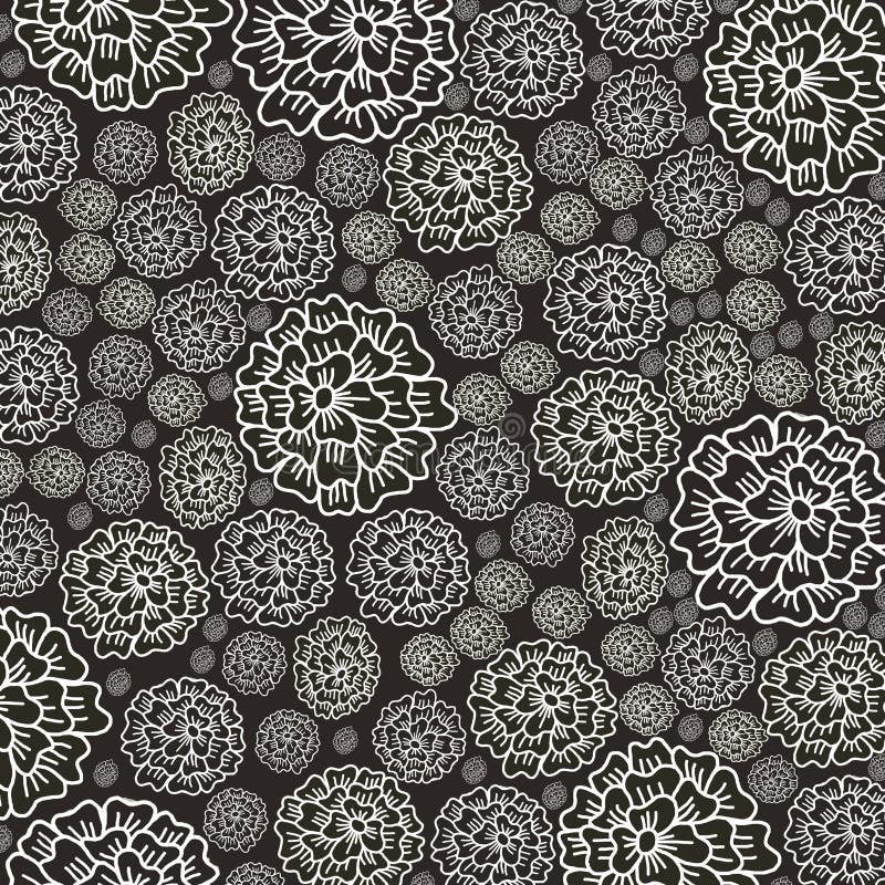 Trendy Repeating Pattern with Different Silhouette Flowers on a Black ...