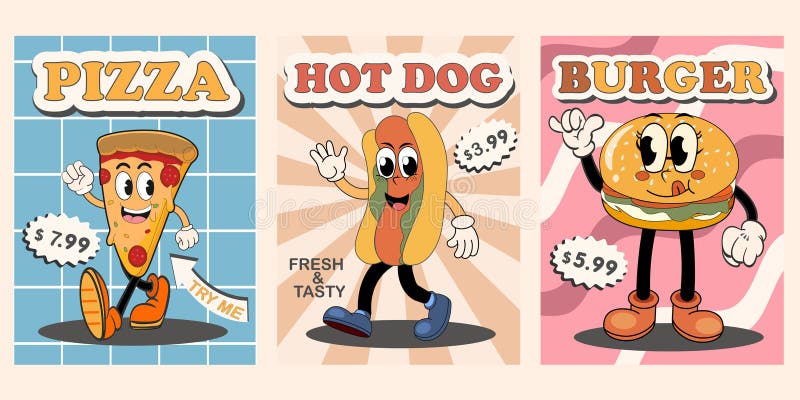 Posters Set with Trendy Retro Groovy Fast Food Characters. Groovy Funky ...
