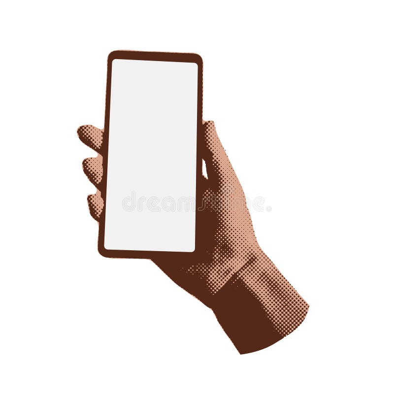 Trendy Retro Halftone Collage of a Hand with a Phone. Scrolling, Social ...