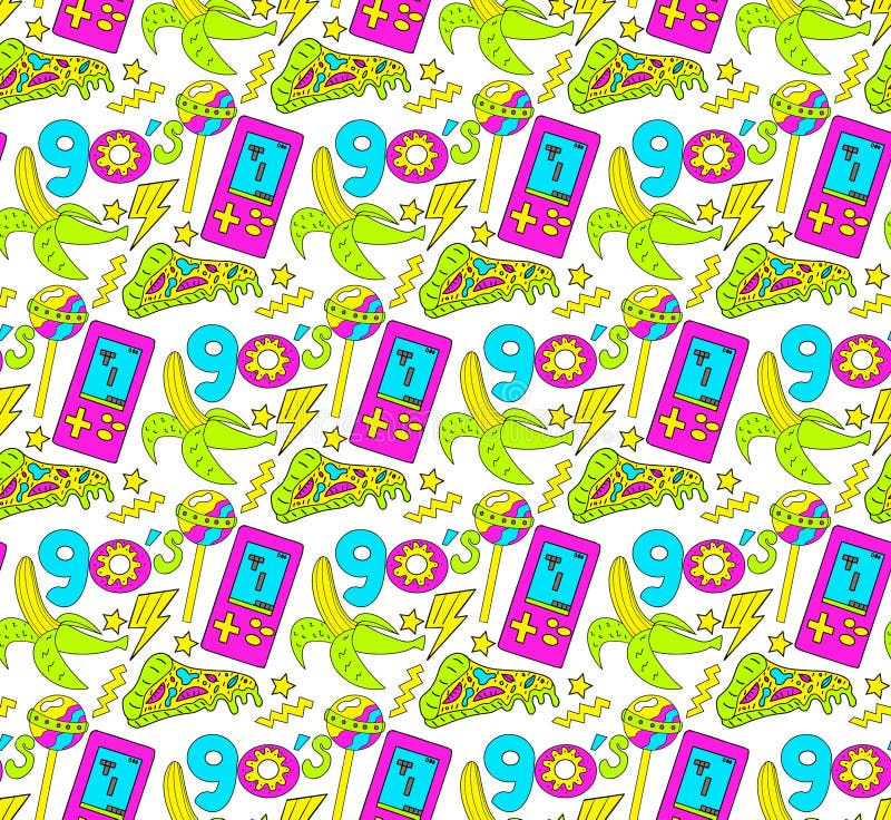 Trendy 90s Style Seamless Pattern with Neon Items Elements,Fashion ...