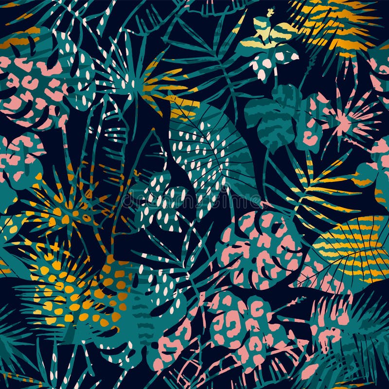 Trendy Seamless Exotic Pattern with Palm, Animal Prints and Hand Drawn ... Trendy Seamless Exotic Pattern with Palm, Animal Prints and Hand Drawn ...