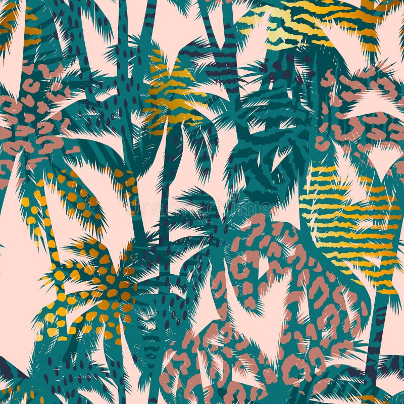 Trendy Seamless Exotic Pattern with Palm, Animal Prints and Hand Drawn ...