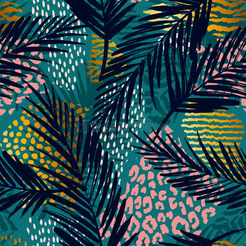 Trendy Seamless Exotic Pattern with Palm, Animal Prints and Hand Drawn ...