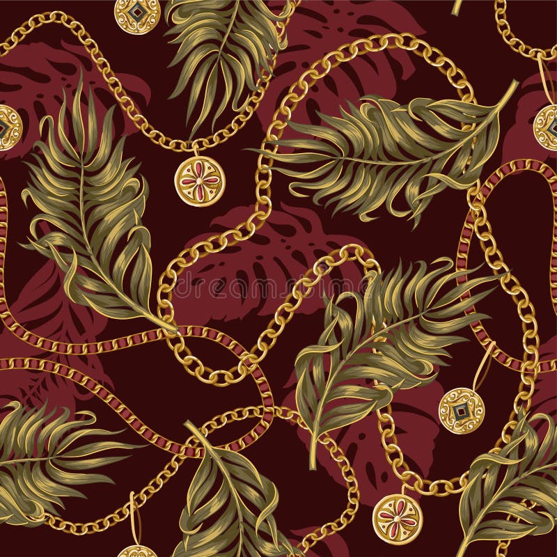 Trendy Seamless Pattern with Chains and Tropical Leaves Stock Vector ...