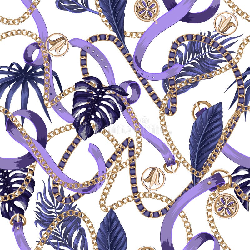 Trendy Seamless Pattern with Chains and Tropical Leaves. Stock Vector ...