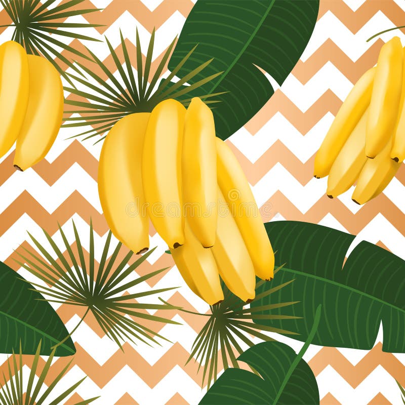 Trendy Seamless Pattern with Realistic Banana Bunch and Tropical Leaves ...