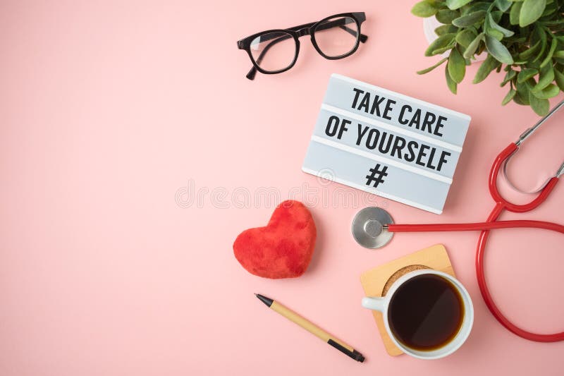 Trendy Self Care Concept with Light Box, Heart Shape and Stethoscope on ...