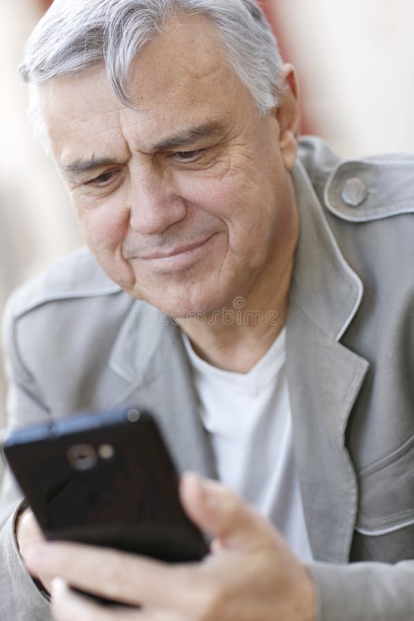 Trendy Senior Man Using Smarthone Stock Photo - Image of websurfing ...