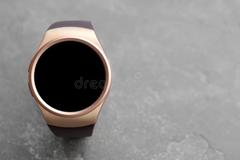 Trendy Smart Watch on Grey Table, Space for Text Stock Photo - Image of ...