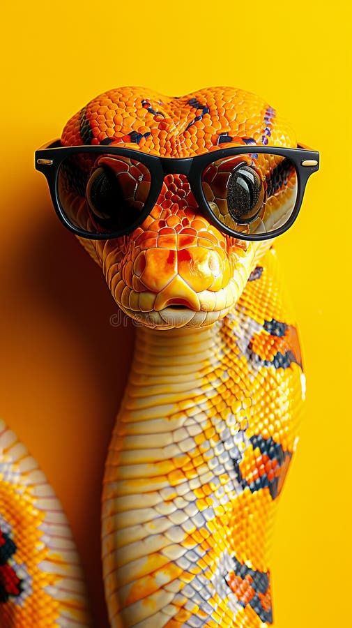 Trendy Snake with Spots and Sunglasses on Bright Yellow Background ...