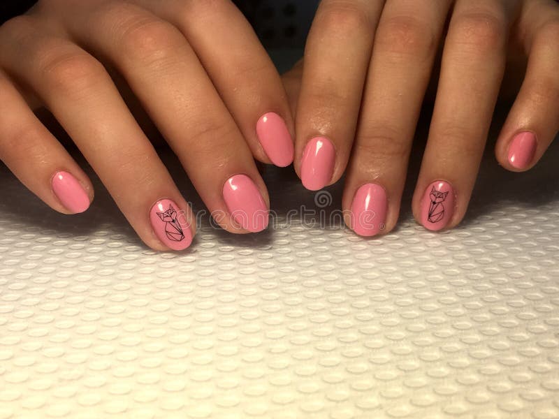 Trendy and Stylish Pink Manicure with Black Stamping Design Stock Image ...