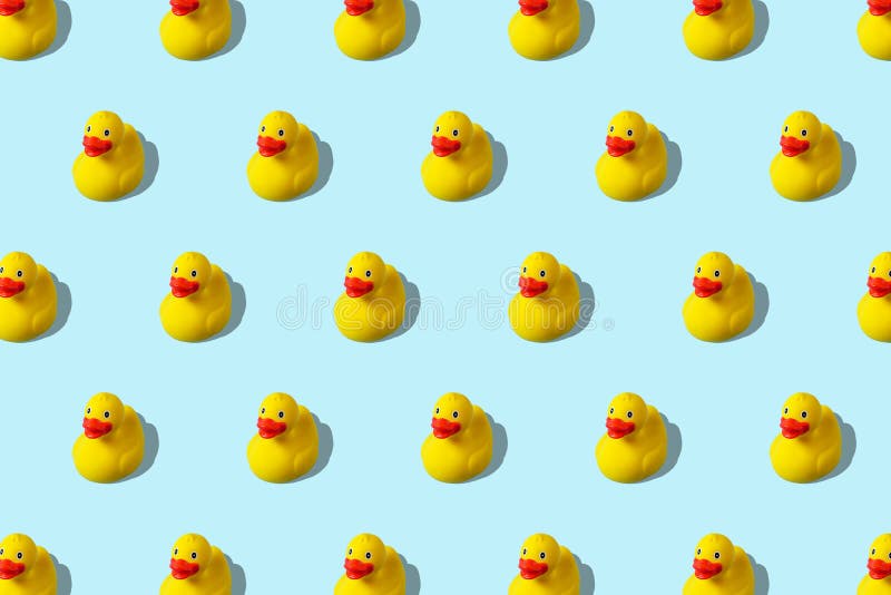 Trendy Summer Pattern with Yellow Rubber Duck on Bright Blue Background ...