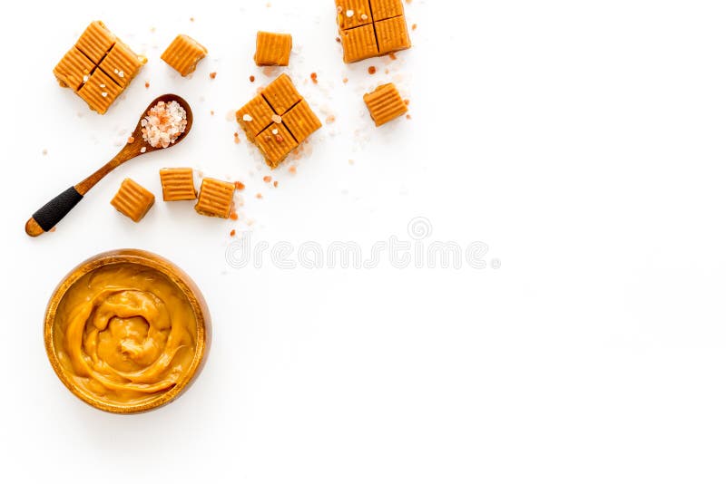 Trendy Sweets - Salted Caramel - Melted and Cubes on White Background ...
