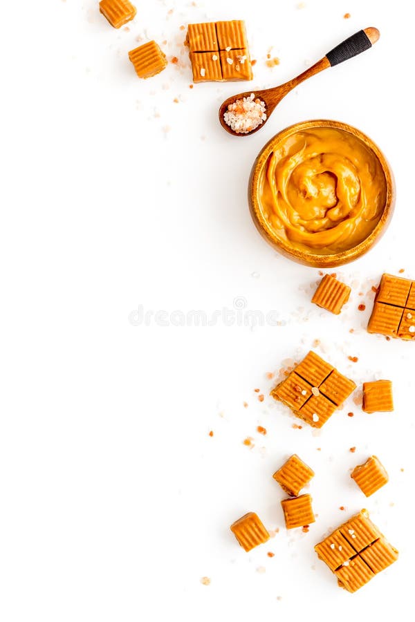 Trendy Sweets - Salted Caramel - Melted and Cubes on White Background ...