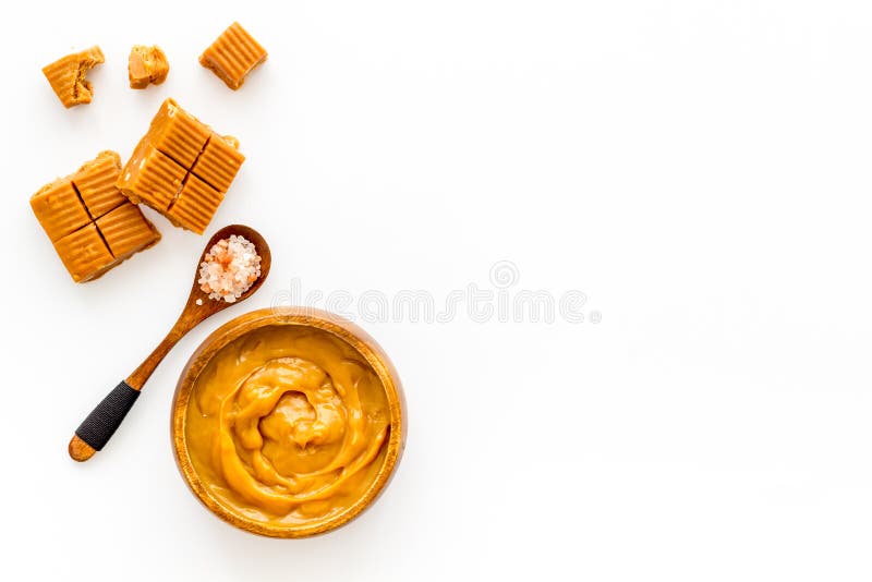 Trendy Sweets - Salted Caramel - Melted and Cubes on White Background ...