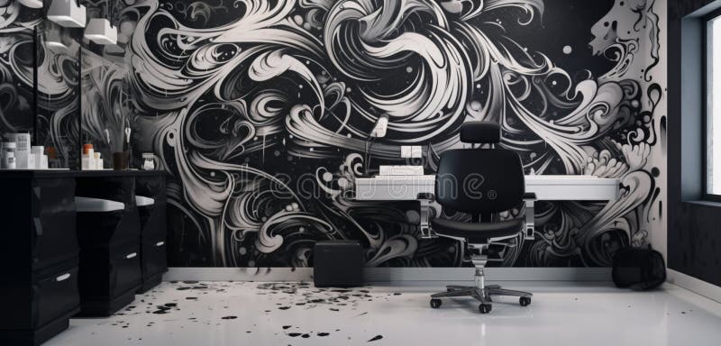 A Trendy Tattoo Studio with a 3D Ink Splash Wall Pattern in Monochrome ...