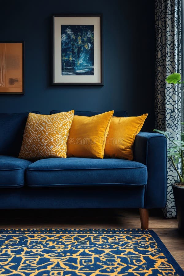 Trendy Two-tone Decor, Chic Interior with Navy Blue and Mustard Color ...