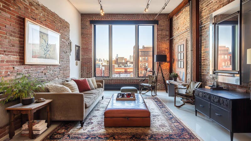 Trendy Urban Apartment with Brick Walls and Chic Decor. Stock Photo ...
