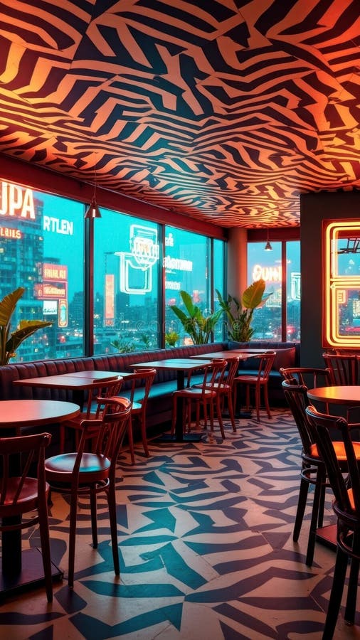 Trendy Urban Cafe with Geometric Patterns and Neon Lights at Night ...