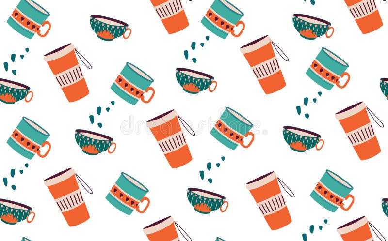 Trendy Vector Pattern with Hand Drawn Cups and Mugs in Flat Style ...