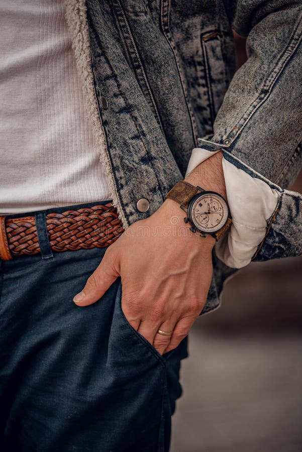 Trendy watch on man hand stock photo. Image of minute - 148624130