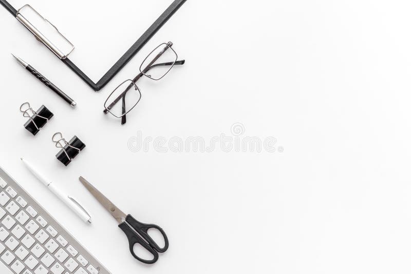 Trendy White Office Desk Table with Computer Keyboard. Top View Stock ...