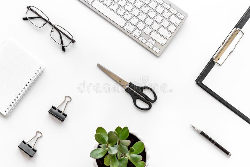 Trendy White Office Desk Table with Computer Keyboard. Top View ...