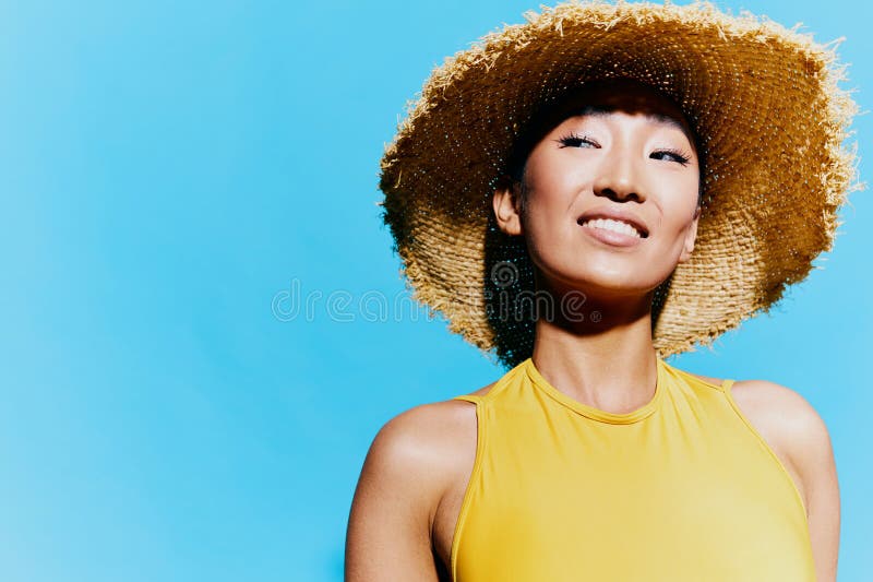 Trendy Woman Fashion Hat Yellow Portrait Swimsuit Summer Beauty Smile