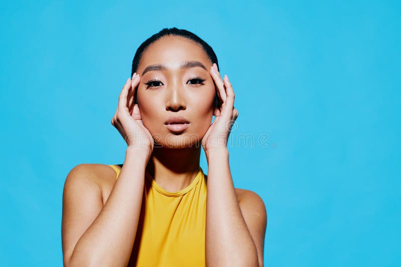 Woman Fashion Beauty Portrait Trendy Blue Yellow Smile Stock Image