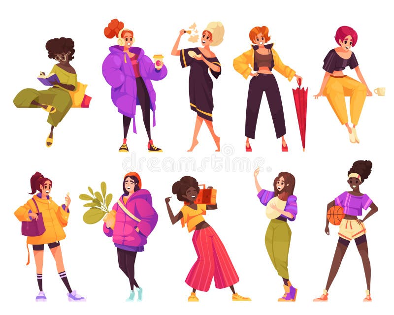 Trendy Women Hand Drawn Flat Cartoon Icon Set Stock Illustration ...