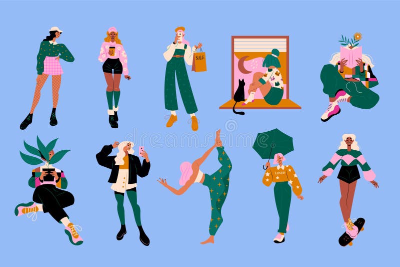 Trendy women set stock illustration. Illustration of colorful - 304224313